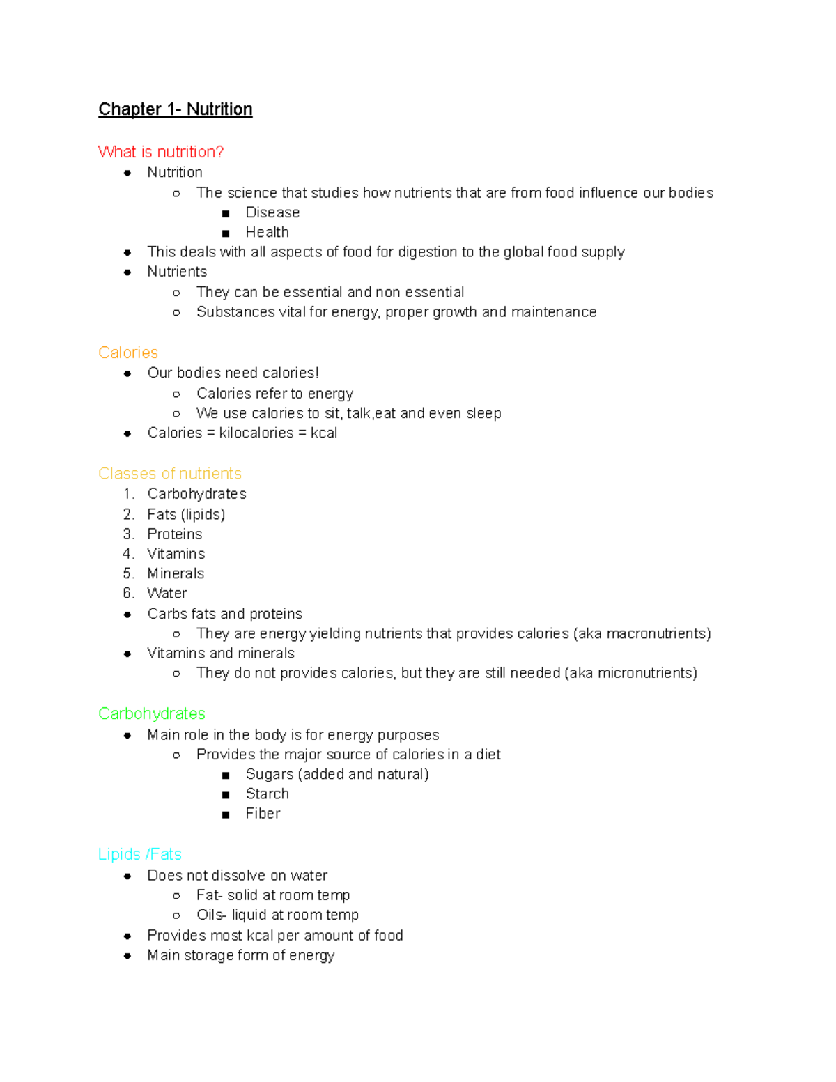 Chapter 1- Nutrition - main topics -Calories -Classes of nutrients ...