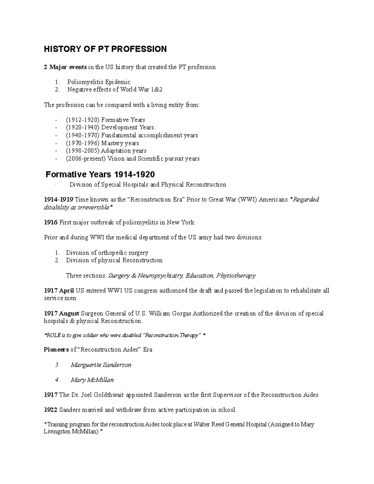 Internship 1 Upper extrimity and history - HISTORY OF PT PROFESSION 2 ...