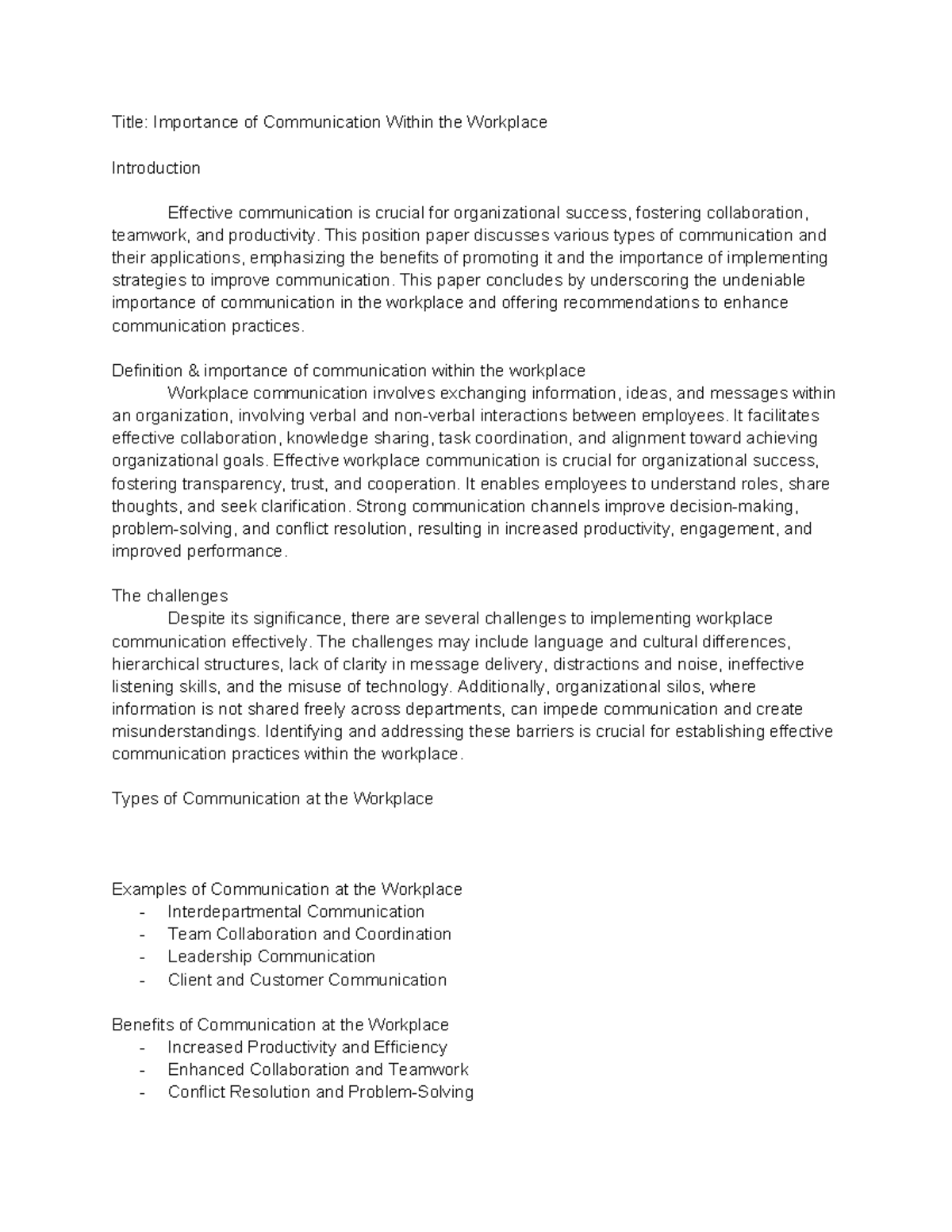 Group Position Paper Importance of Communication Within workplace ...