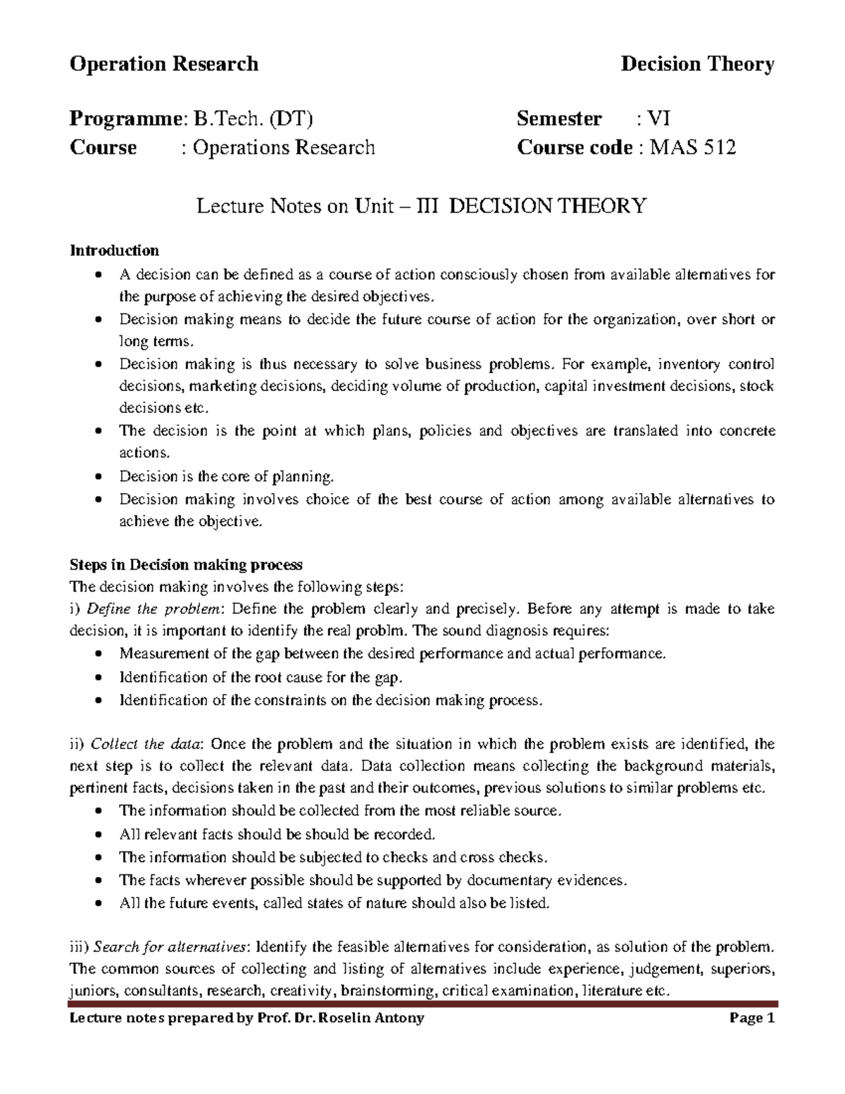 Unit-3(Decision theory)1 - Programme : B. (DT) Semester : VI Course ...