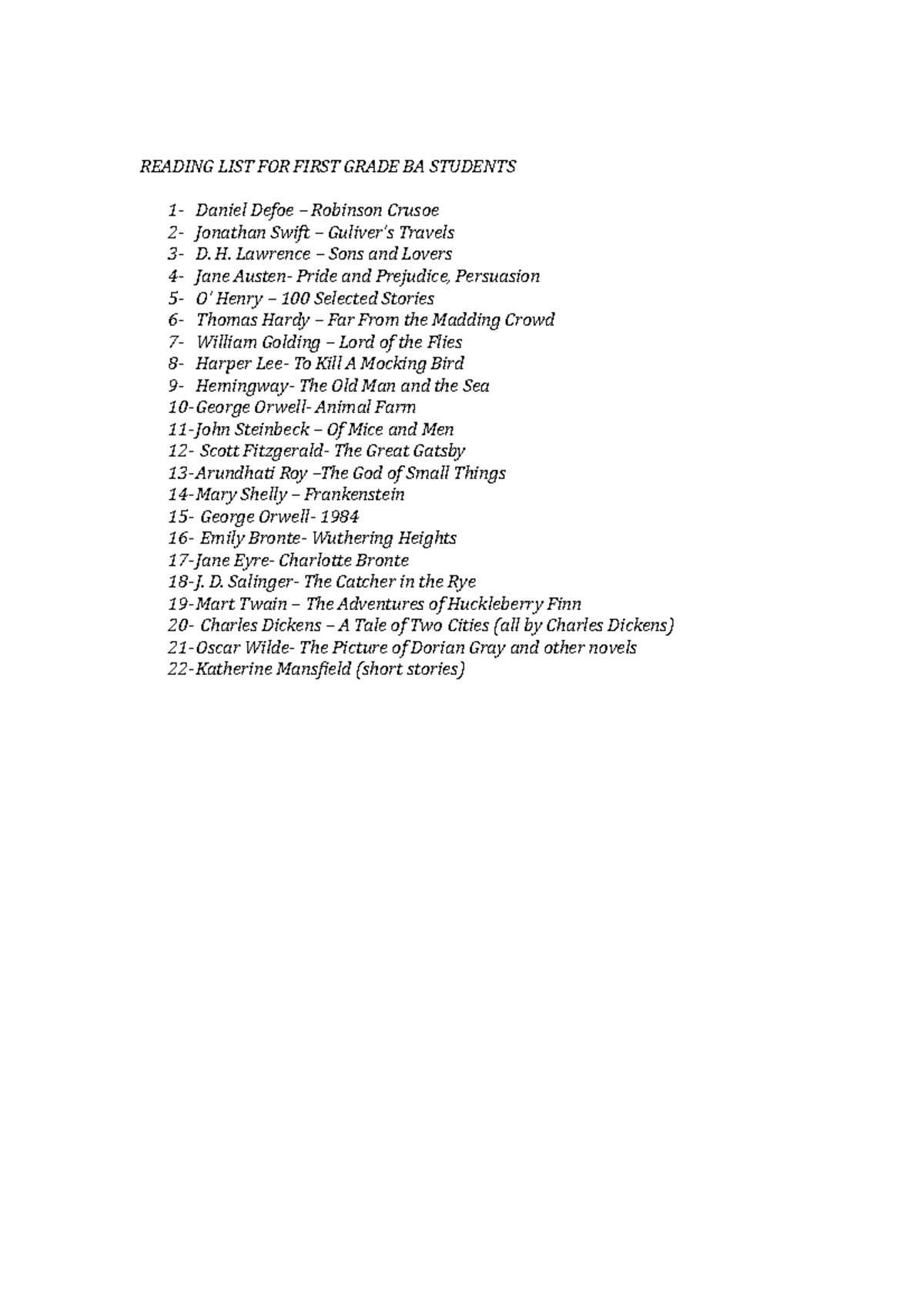 Reading LIST FOR First Grade BA Students READING LIST FOR FIRST GRADE