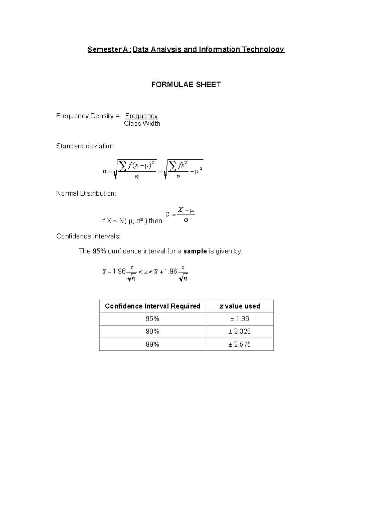 Data analysis & IT Formulae Sheet - Semester A: Data Analysis and ...