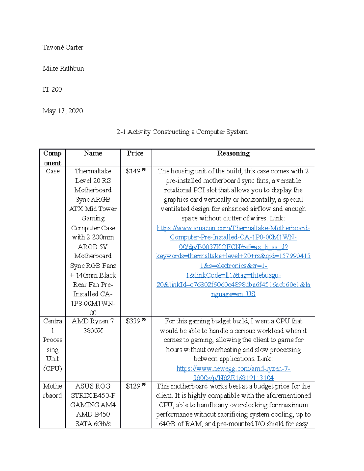 2-1 Activity Constructing a Computer System - Tavoné Carter Mike Rathbun IT 200 May 17, 2020 2-1 ...