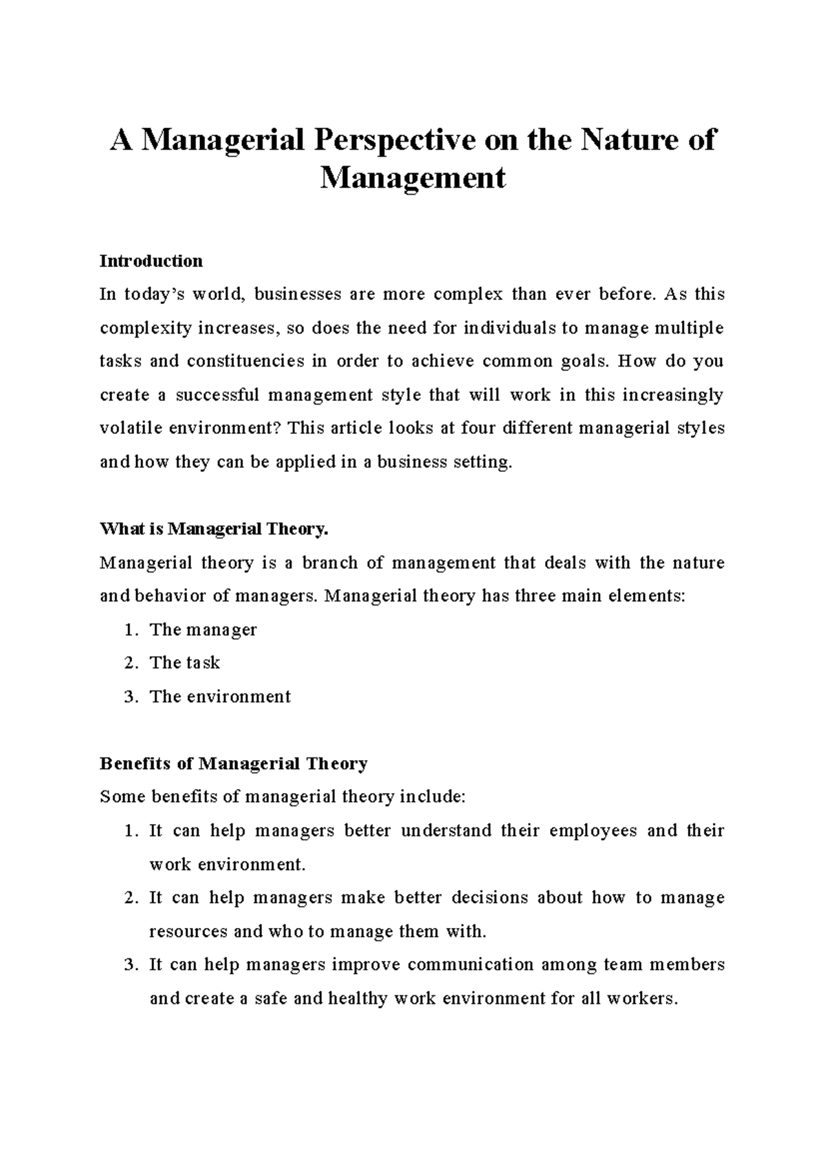 A Managerial Perspective on the Nature of Management - A Managerial ...