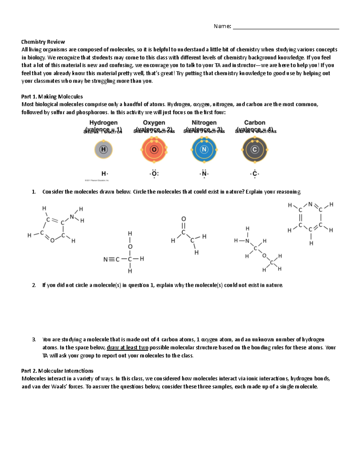 Chemistry Review Discussion Worksheet - Name ...