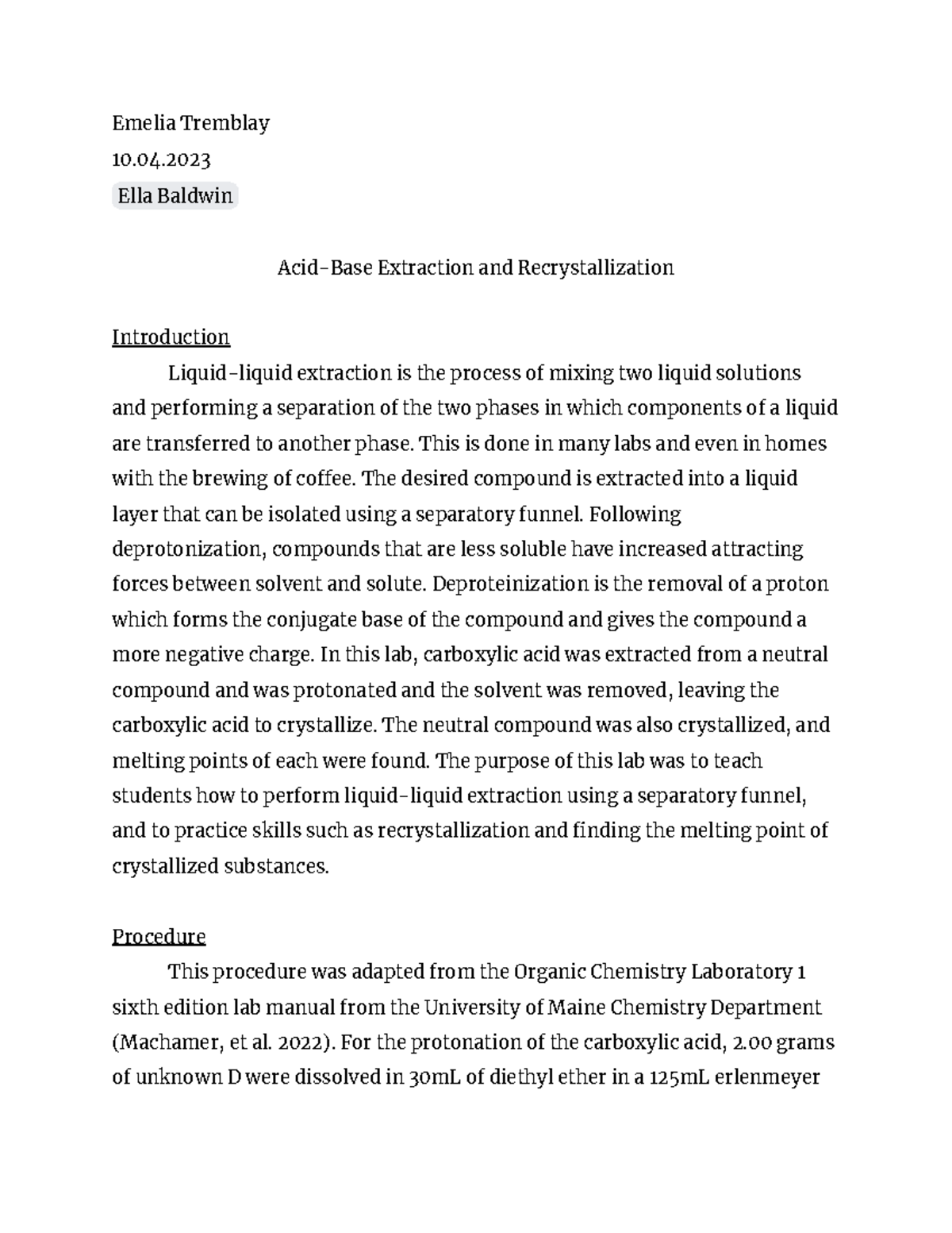 Acid-Base Extraction and Recrystallization - Google Docs - Emelia ...