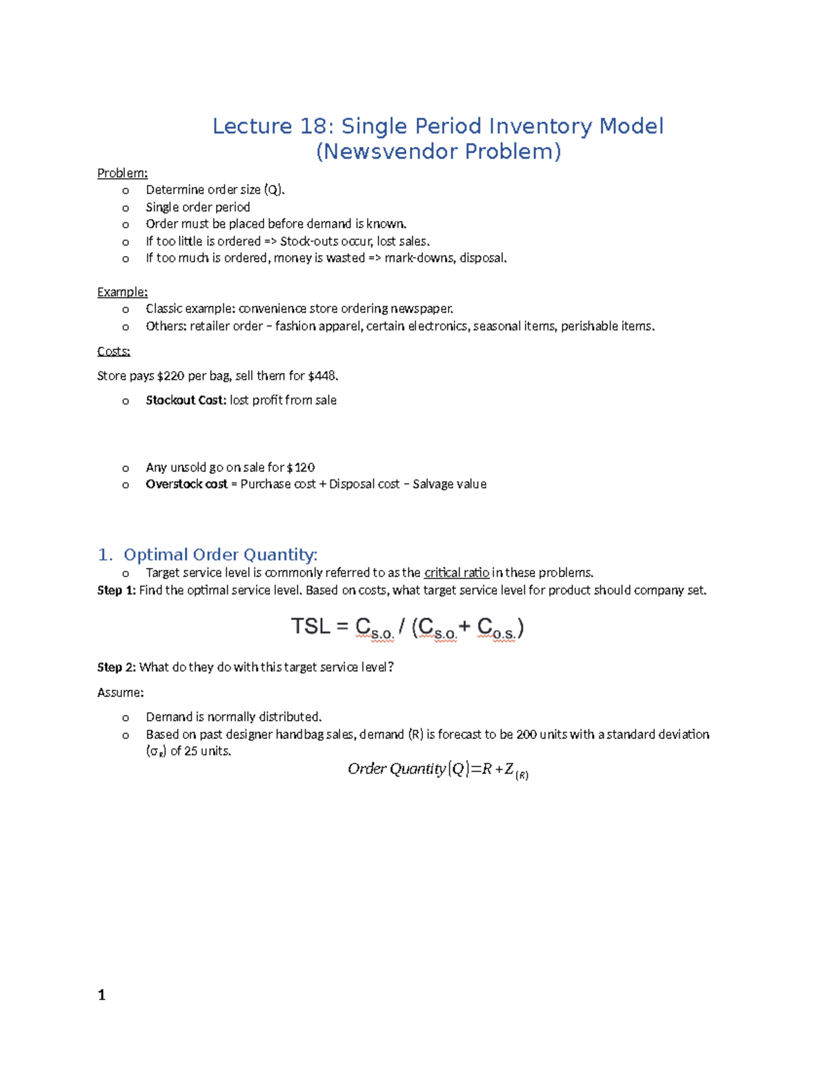 Lecture 18 Single Period Inventory Model Newsvendor Problem Lecture 18 Single Period