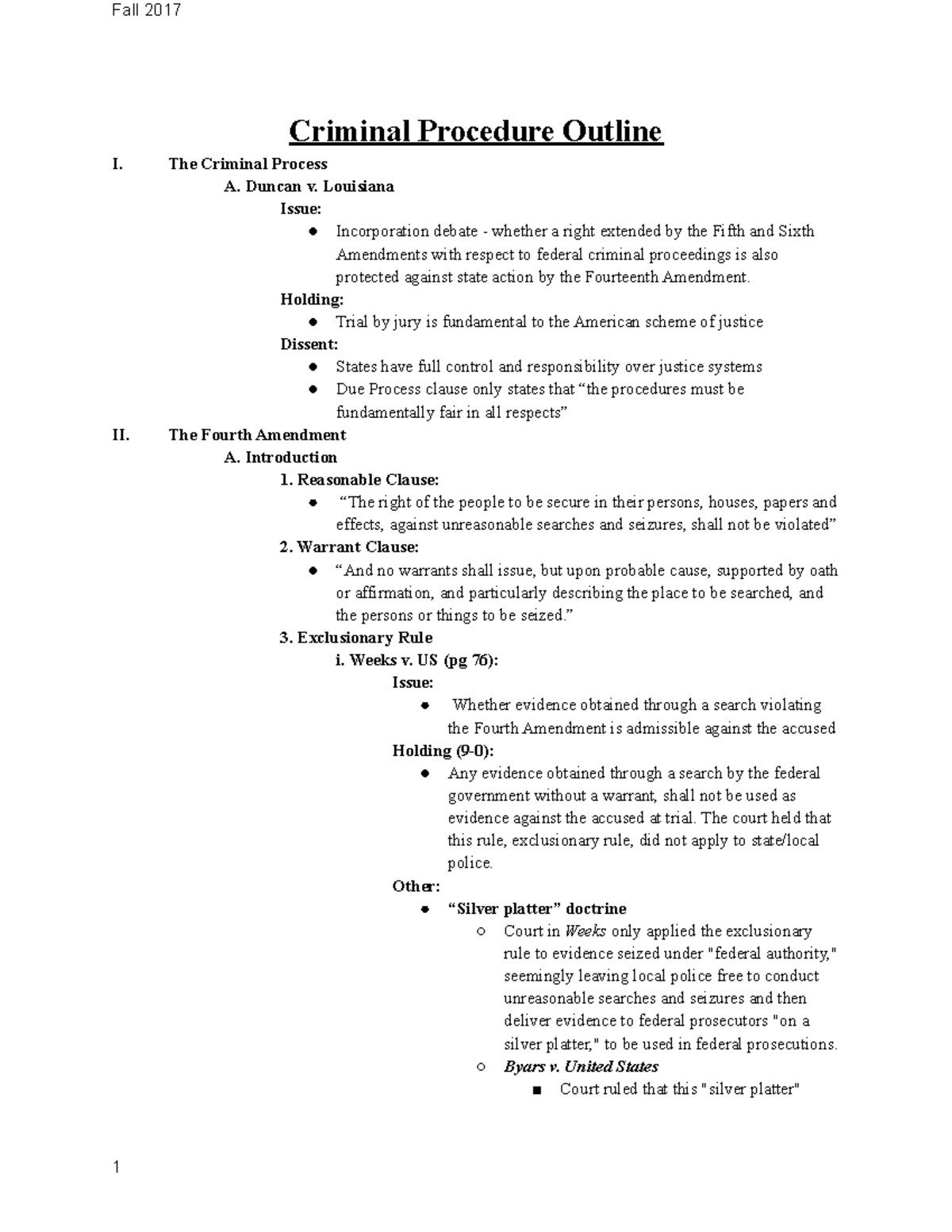 Criminal Procedure Outline - Fall 2017 Criminal Procedure Outline I. II ...