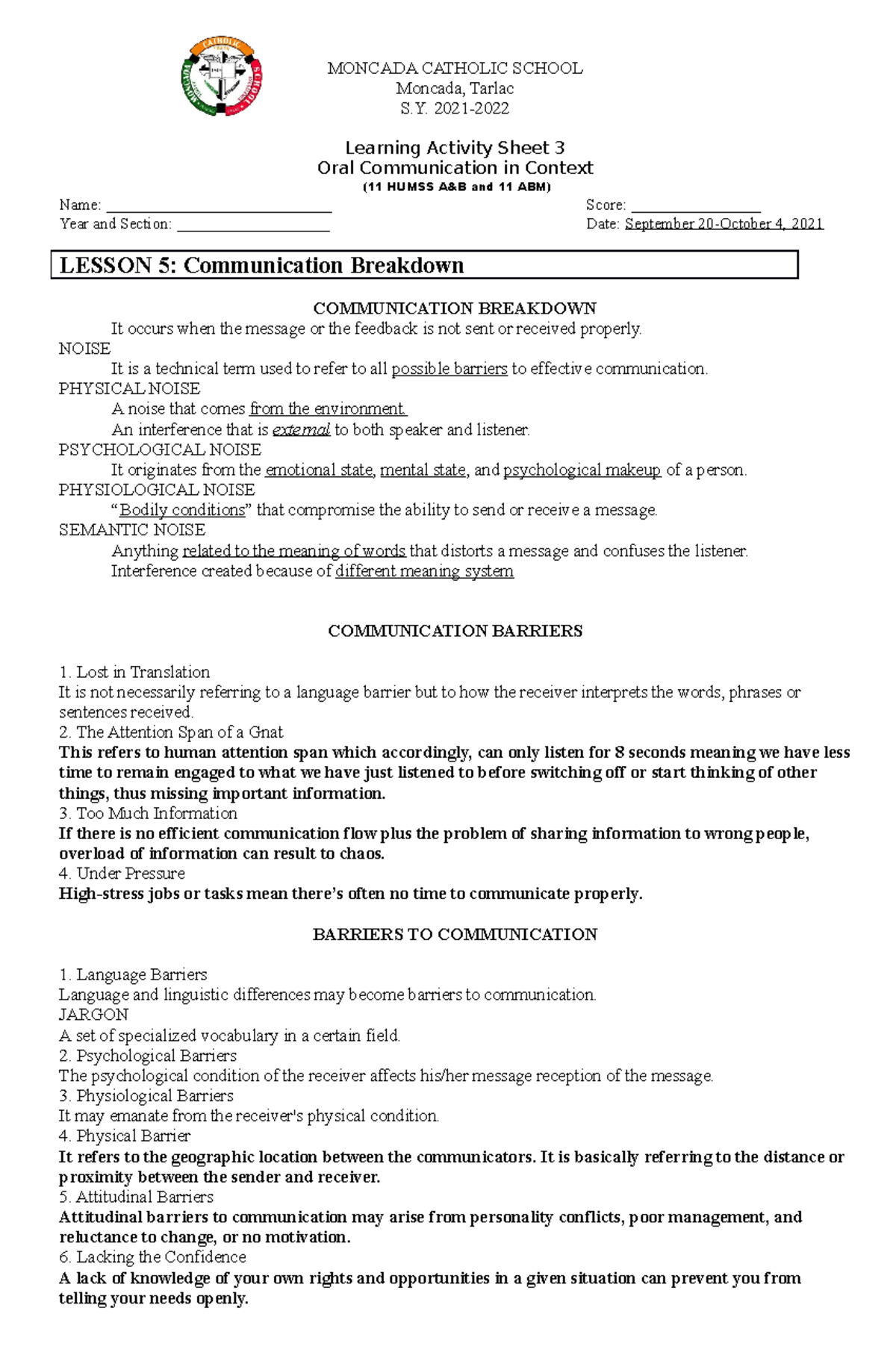 Module 3 - Communication Breakdown 1 - MONCADA CATHOLIC SCHOOL Moncada ...