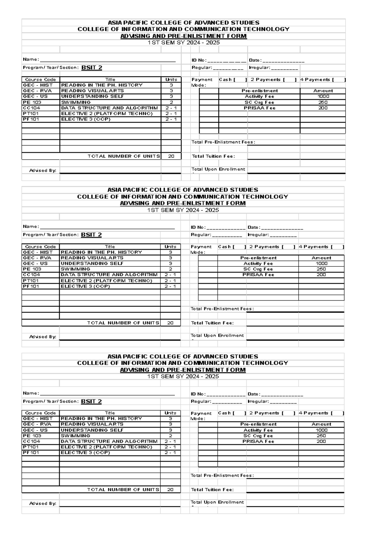 Pre enlistment - Name: _______________________________________ ID No ...