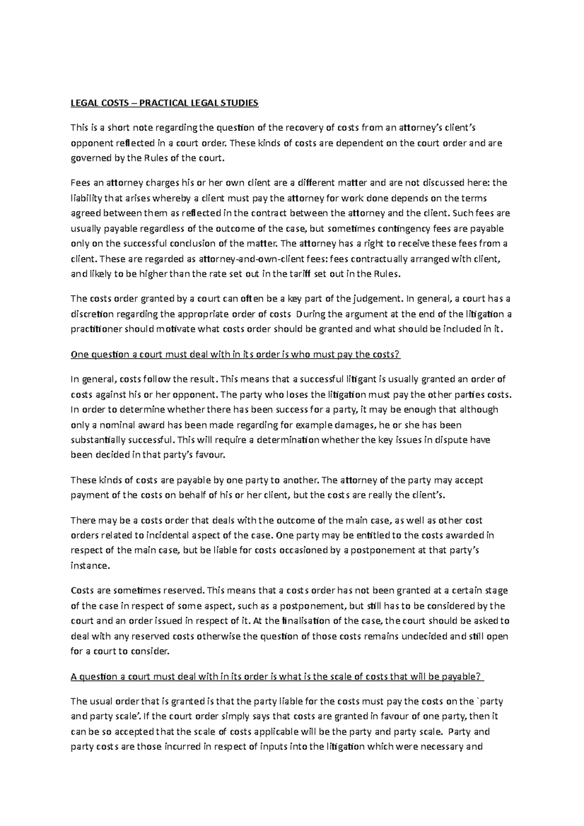 Legal Costs Lecture Notes - LEGAL COSTS – PRACTICAL LEGAL STUDIES This ...