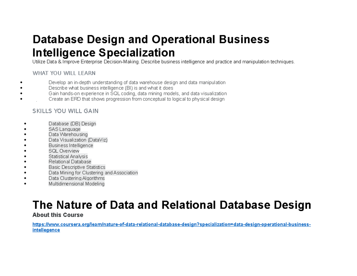 Data Warehousing Database Design And Operational Business Intelligence Specialization Database