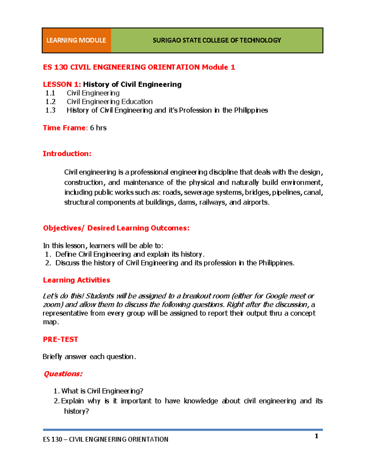 ES 130 CE Orient Midterm Module - 1 ES 130 CIVIL ENGINEERING ...