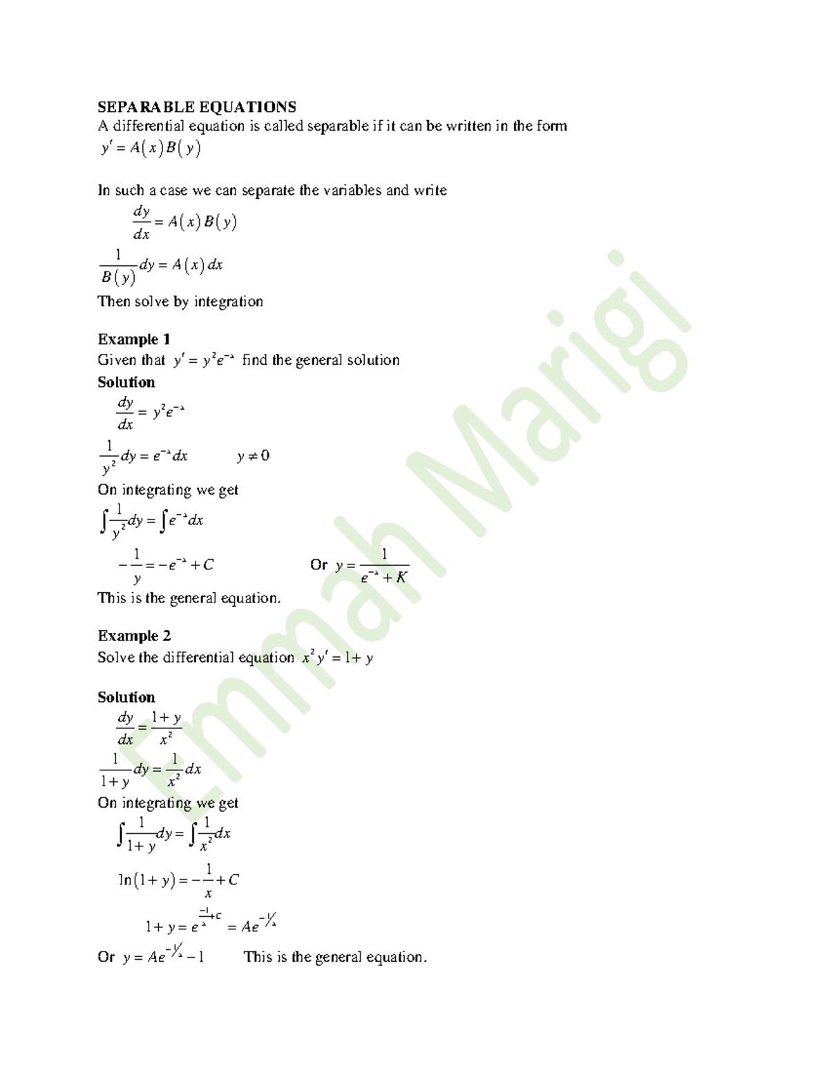 SMA 2232 Lec 2 2023 - SEPARABLE EQUATIONS A differential equation is called separable if it can ...