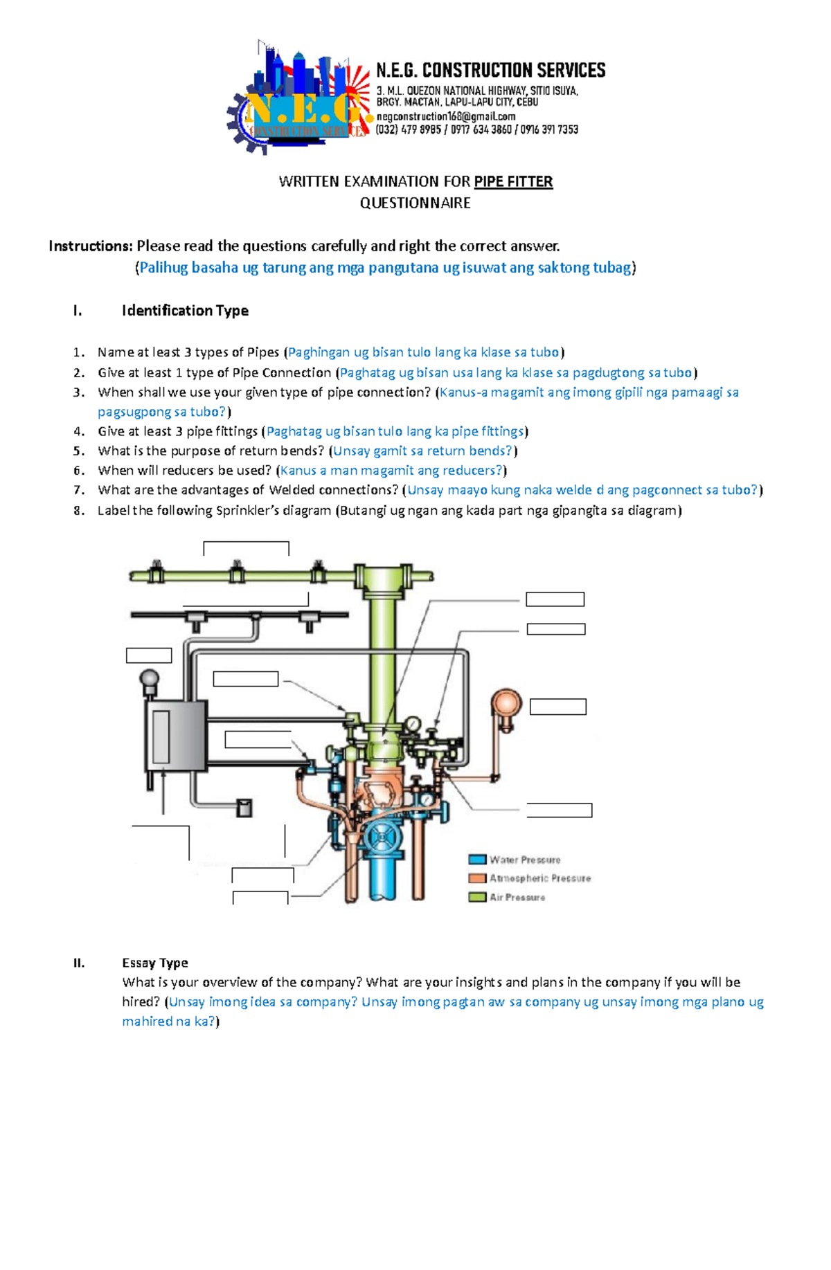 Written Examination FOR PIPE Fitter - WRITTEN EXAMINATION FOR PIPE ...