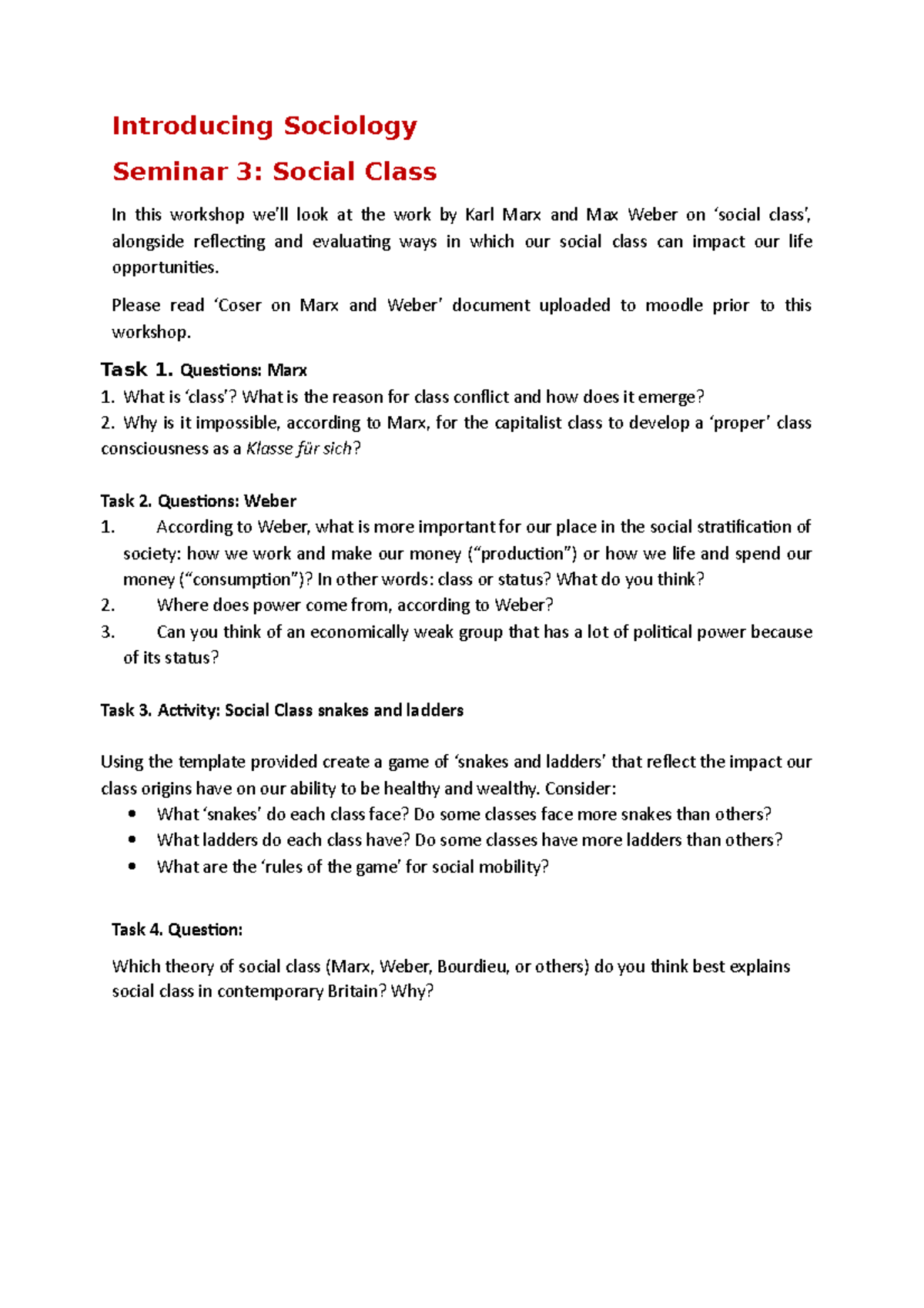 Workshop 3 social class 1920 - Introducing Sociology Seminar 3: Social ...