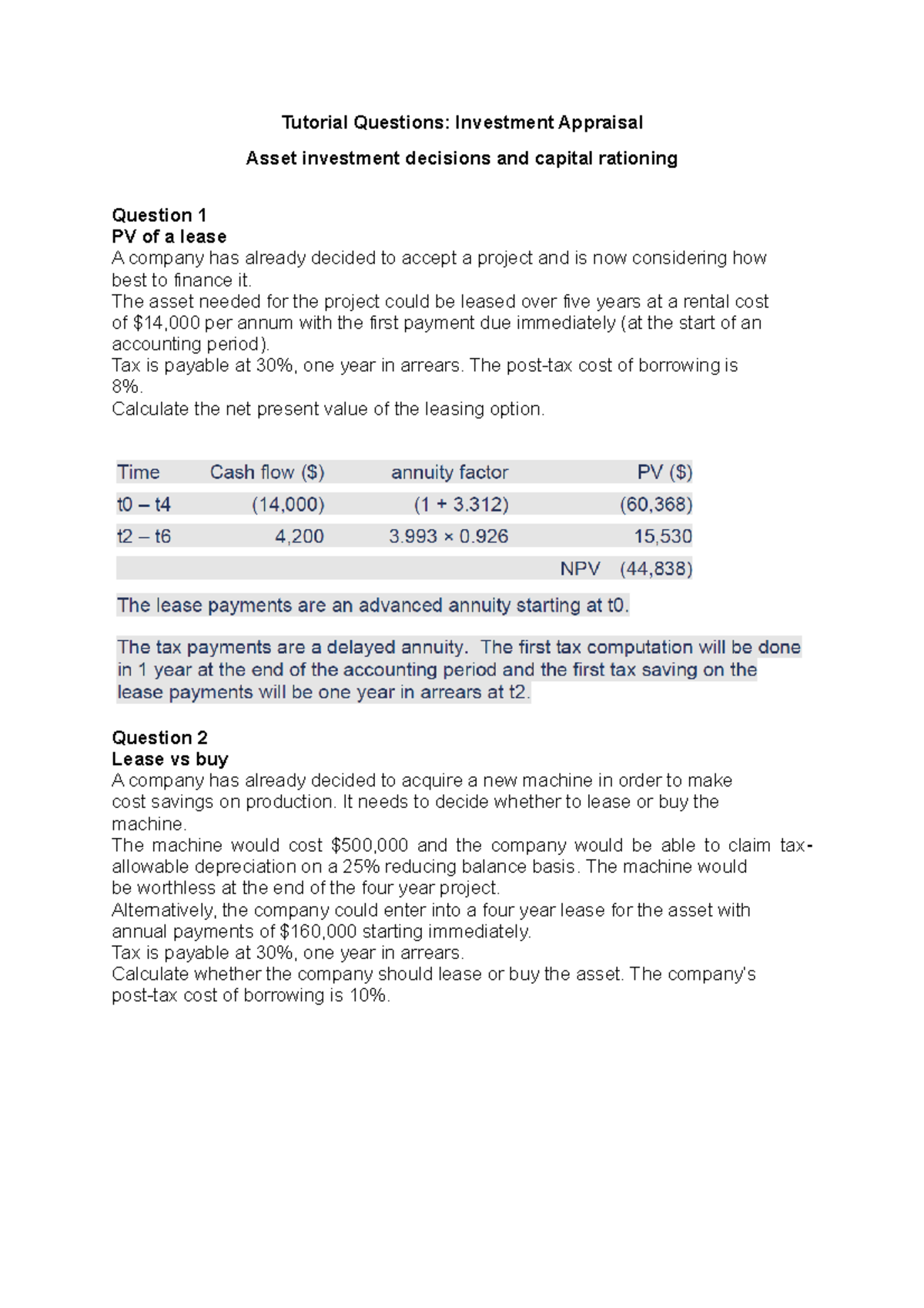Tutorial 3 - Investment Appraisal Solutions part 2 - Tutorial Questions ...