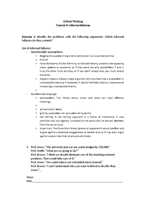 CT Tutorial 1 Exercises - Critical Thinking Tutorial 1: Identifying and representing simple ...