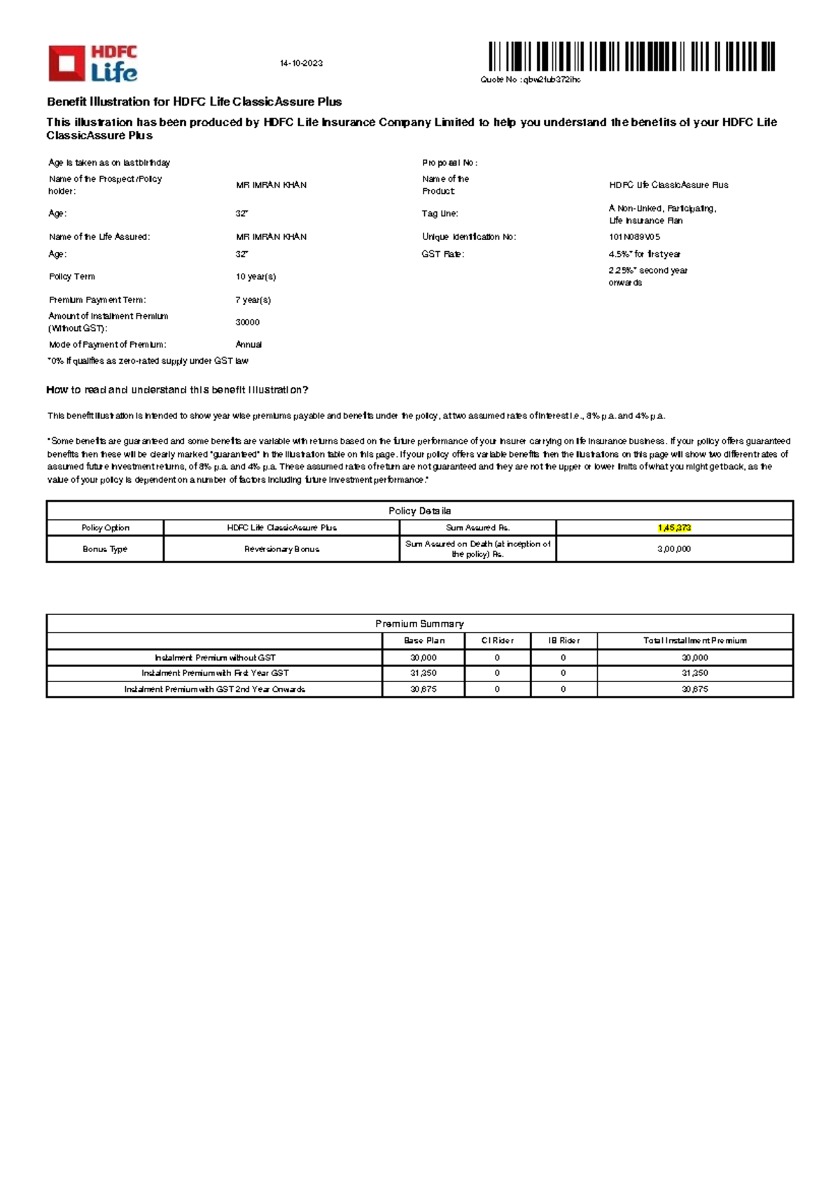 Classic assure plus - Sample illustration - 14-10- Quote No ...