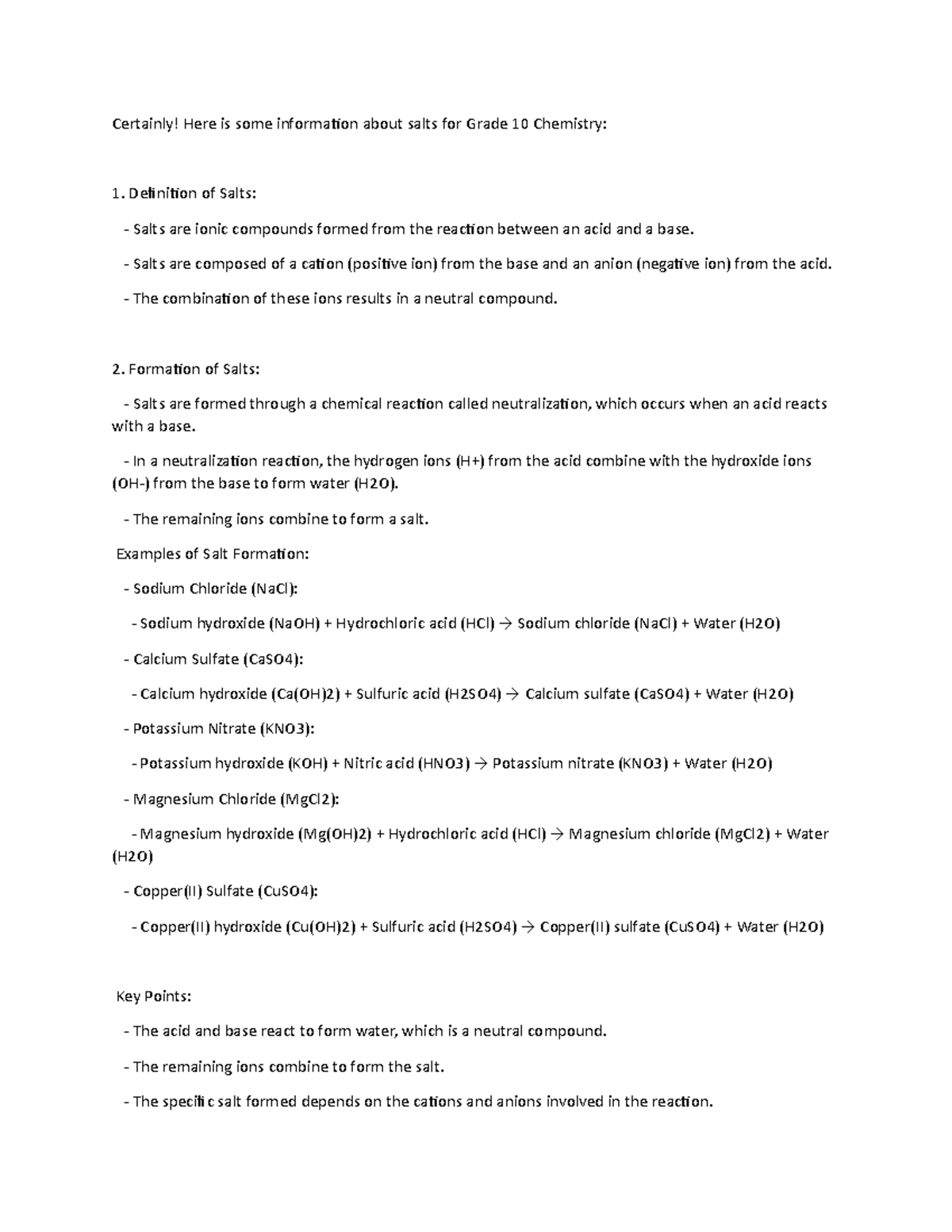 Salts - Certainly! Here is some information about salts for Grade 10 ...