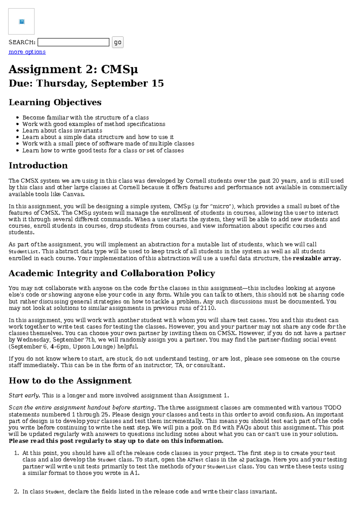 Assignment 2: CMSμ - StudentList and Student Class Implementation - Studocu