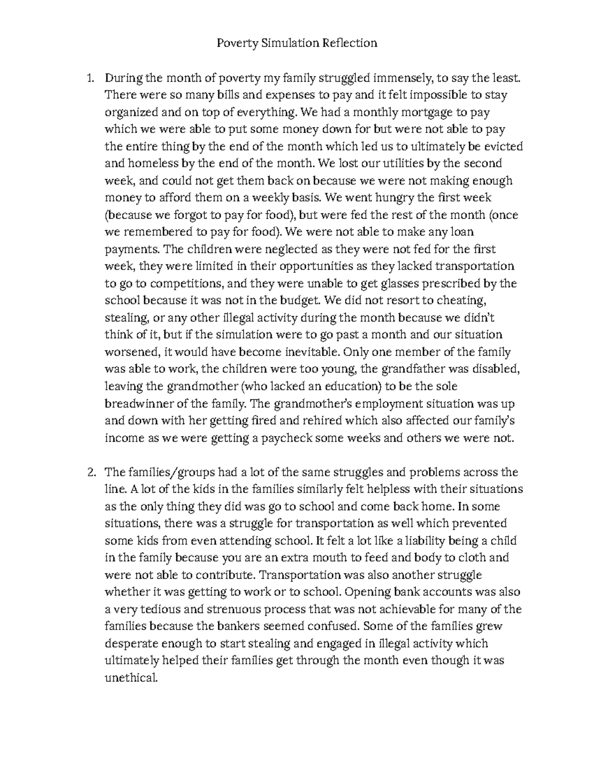 Poverty Simulation Reflection Questions - Poverty Simulation Reflection ...