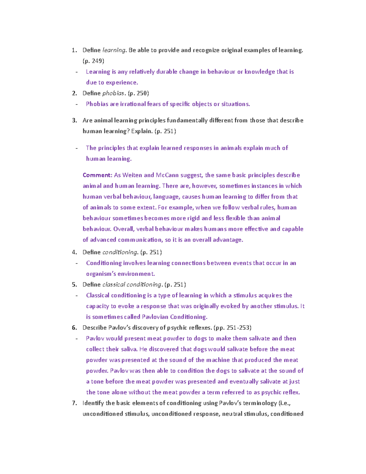 Chapter Six, Study Questions. Psych 289 - Define learning. Be able to ...