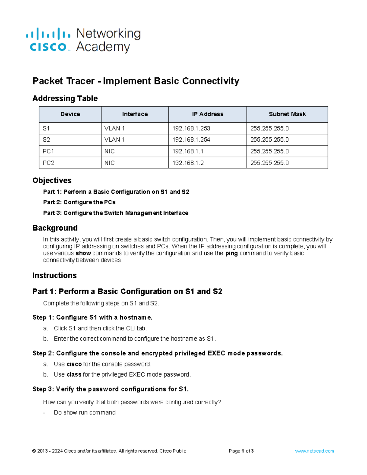 276 Packet Tracer Implement Basic Connectivity Packet Tracer Implement Basic