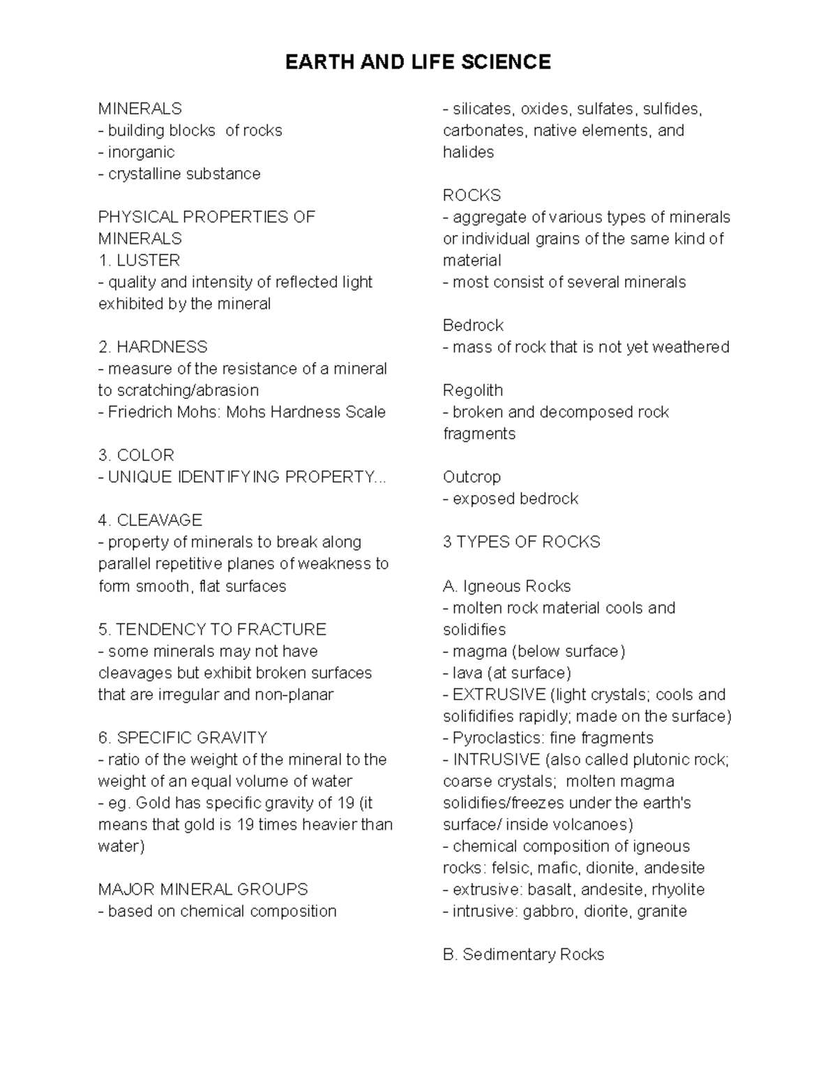 ELS- Midterm- Notes - EARTH AND LIFE SCIENCE MINERALS building blocks ...