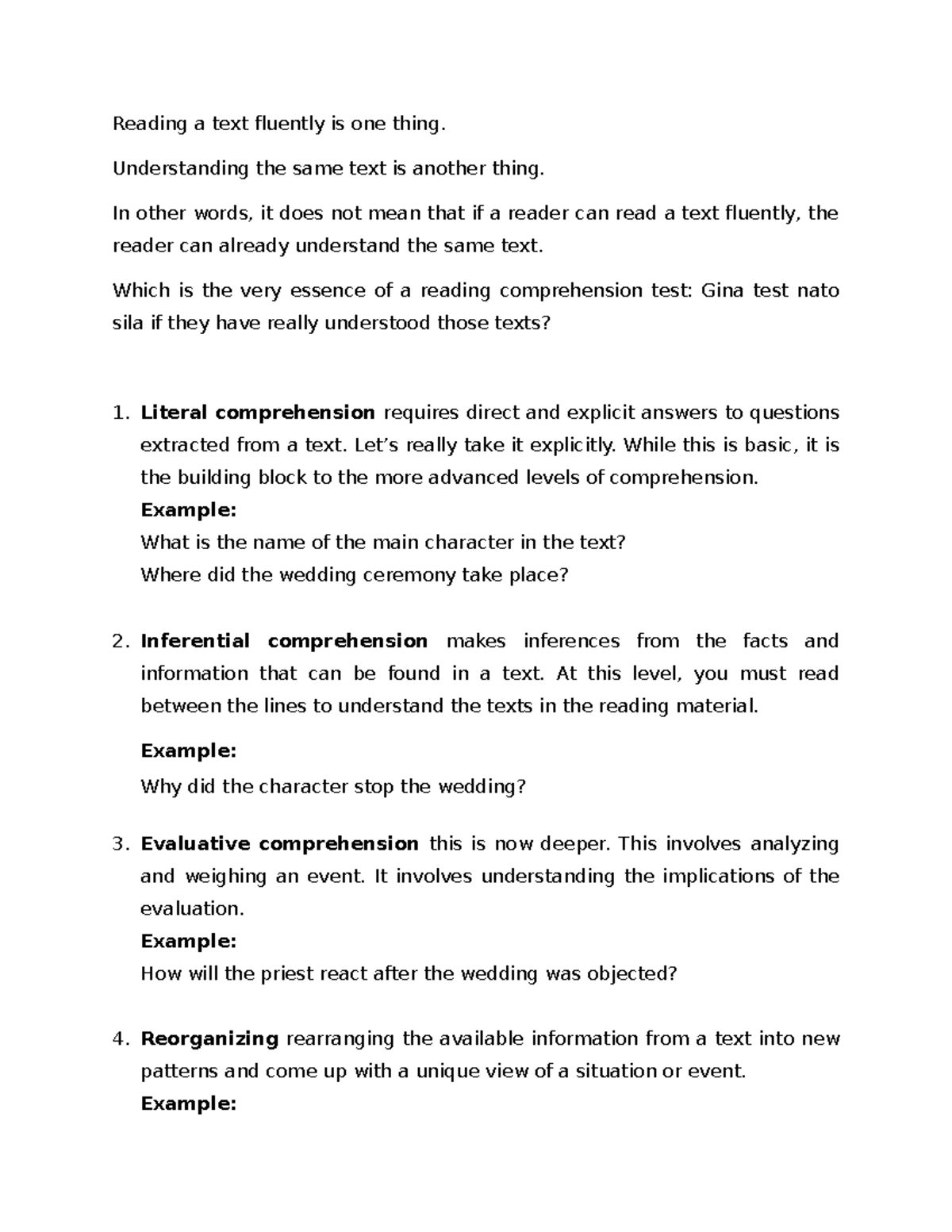 Levels of Reading Comprehension - Reading a text fluently is one thing ...