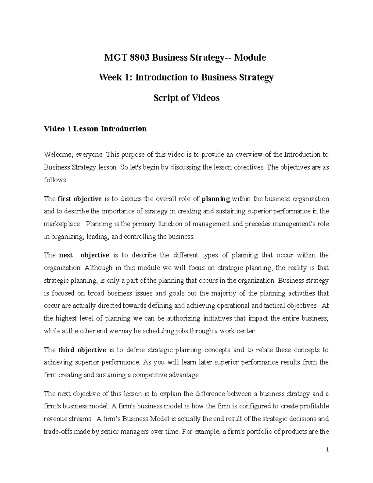 Week 14 Business Strategy Video Scripts - MGT 8803 Business Strategy ...