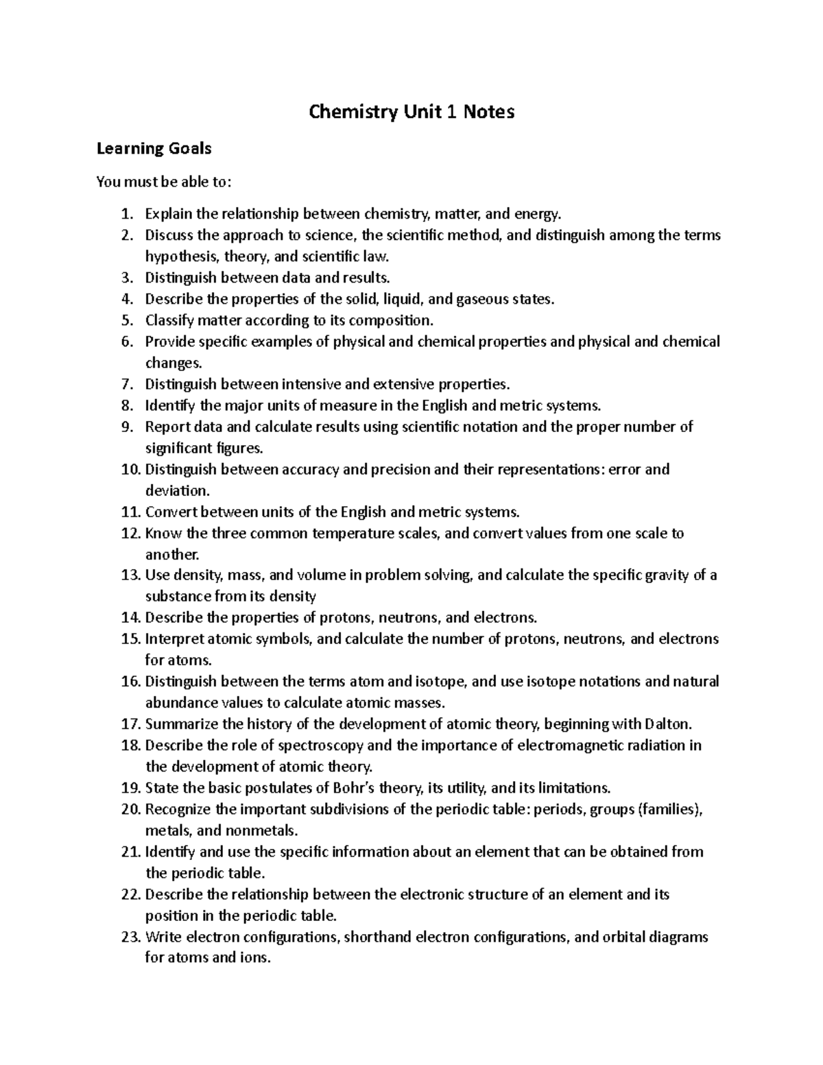 Unit 1 Notes - Chemistry Unit 1 Notes Learning Goals You must be able ...