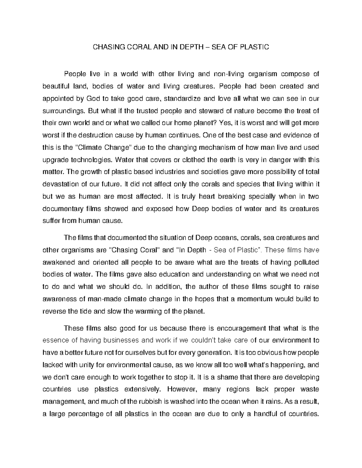 Chasing Coral AND IN Depth – SEA OF Plastic - Business Administration ...