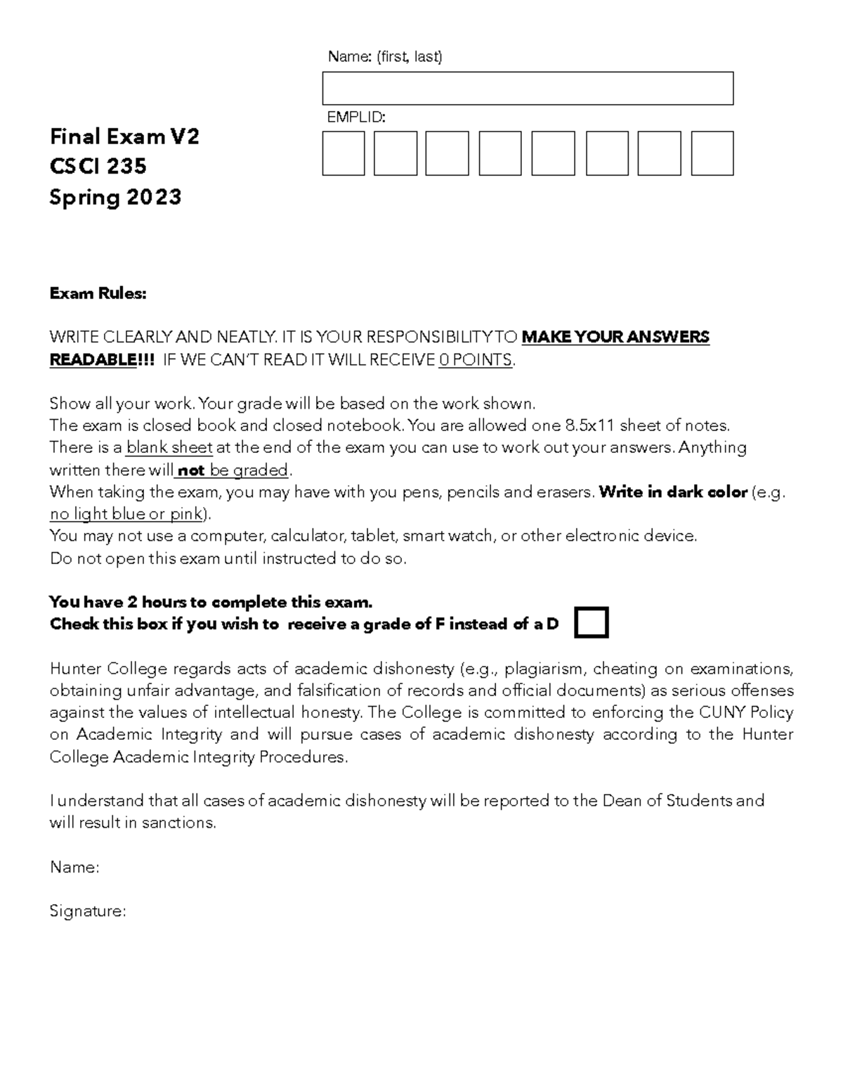 Final Exam S 23V2 Answerkey - Final Exam V CSCI 235 Spring 2023 Exam Rules: WRITE CLEARLY AND ...