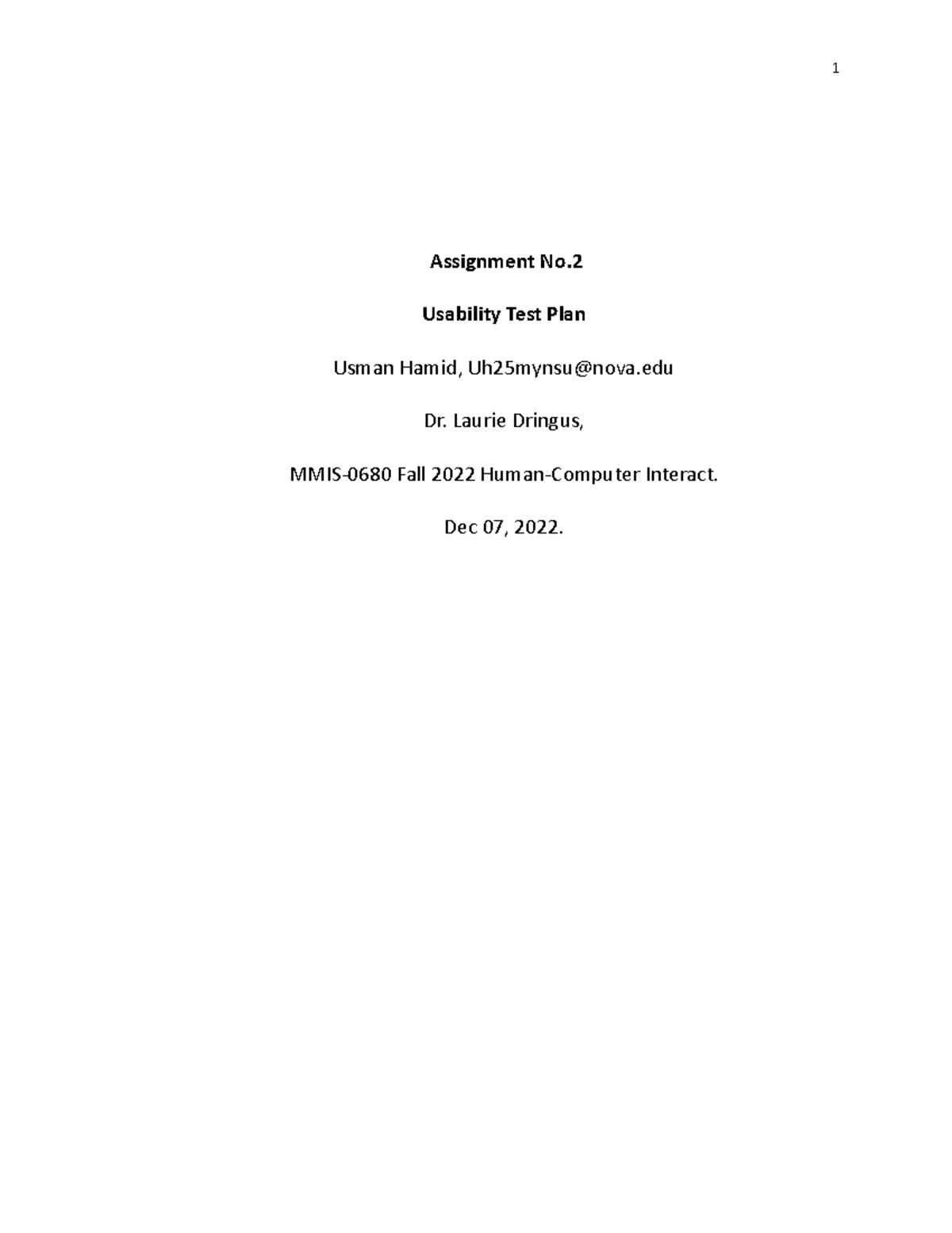 Usman Hamid Assignment No 2 Usability Test Plan (Autosaved) - Copy ...