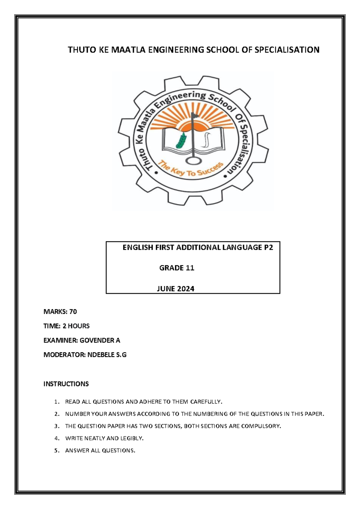 Grade 11 English FAL Paper 2 JUNE EXAM Question Paper - THUTO KE MAATLA ...