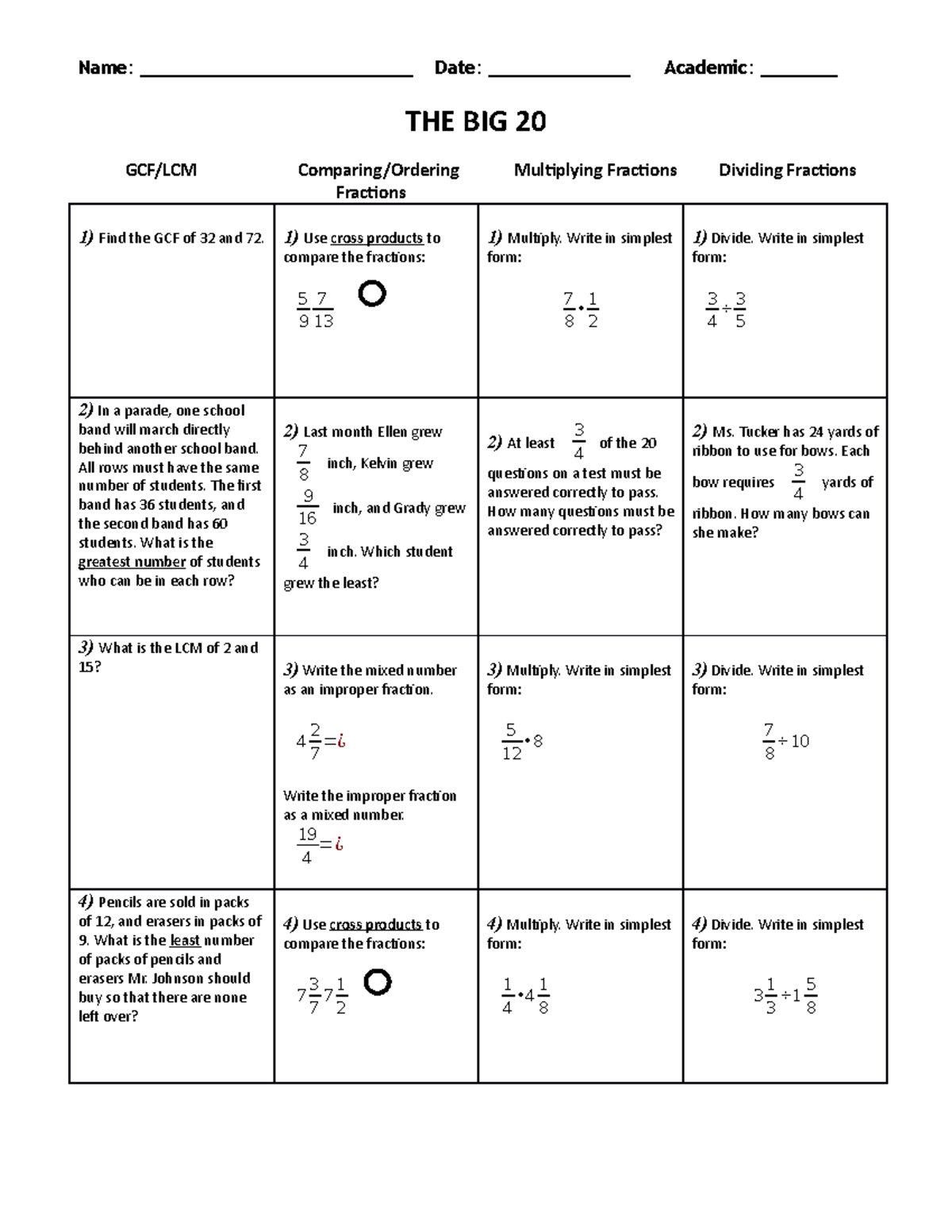 Big 20 - math - THE BIG 20 GCF/LCM Comparing/Ordering Multiplying ...