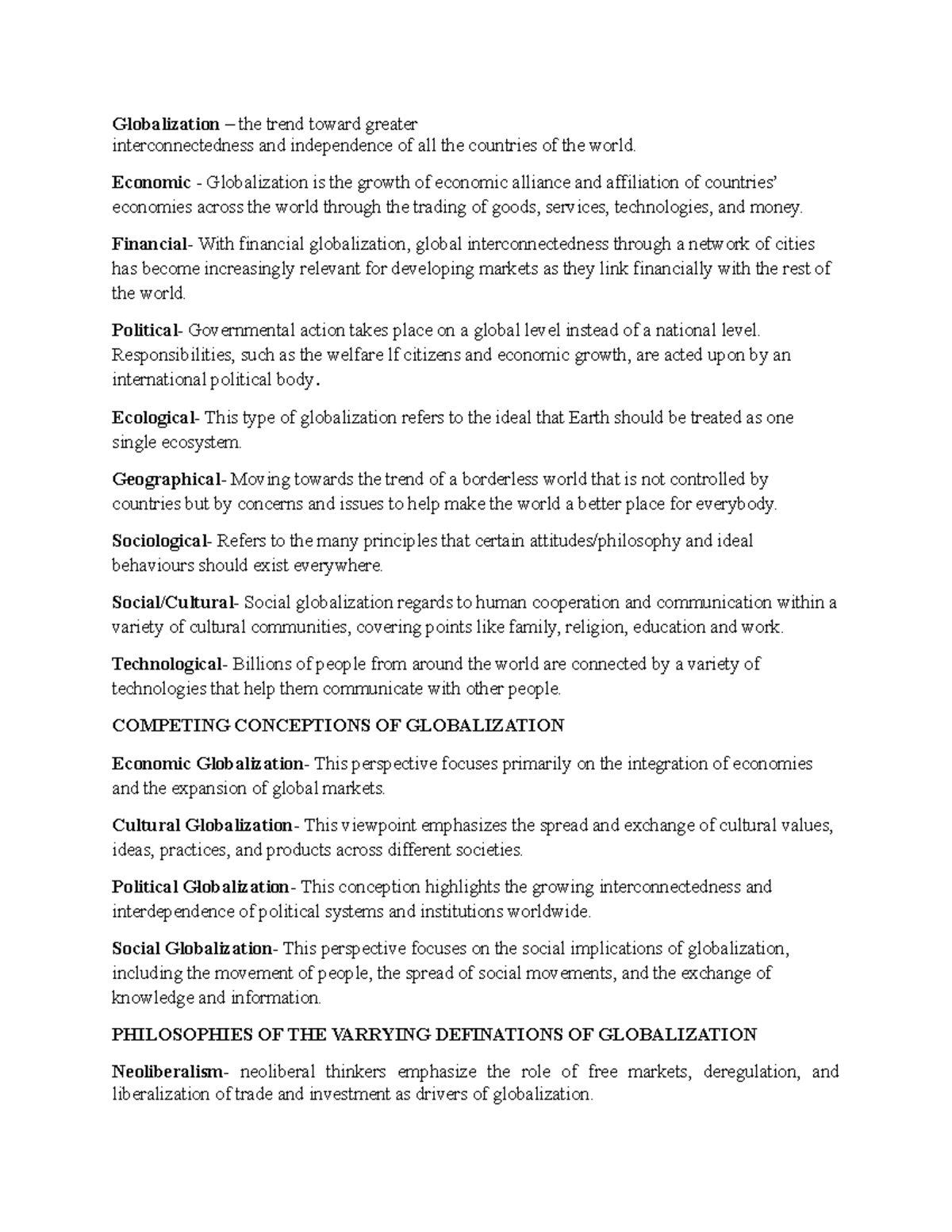 Globalization- Reviewer - Globalization – the trend toward greater interconnectedness and - Studocu