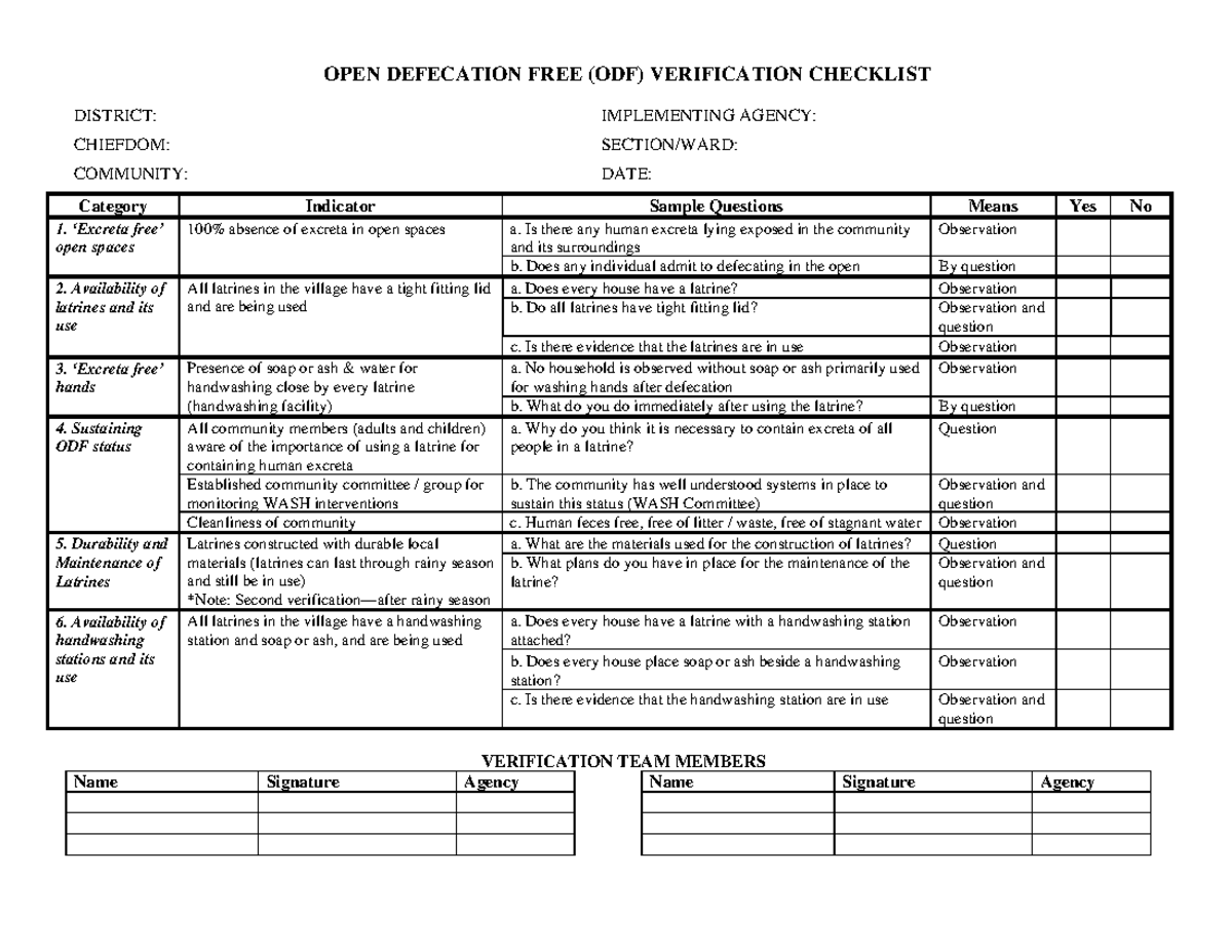 ODF verification checklist - OPEN DEFECATION FREE (ODF) VERIFICATION ...