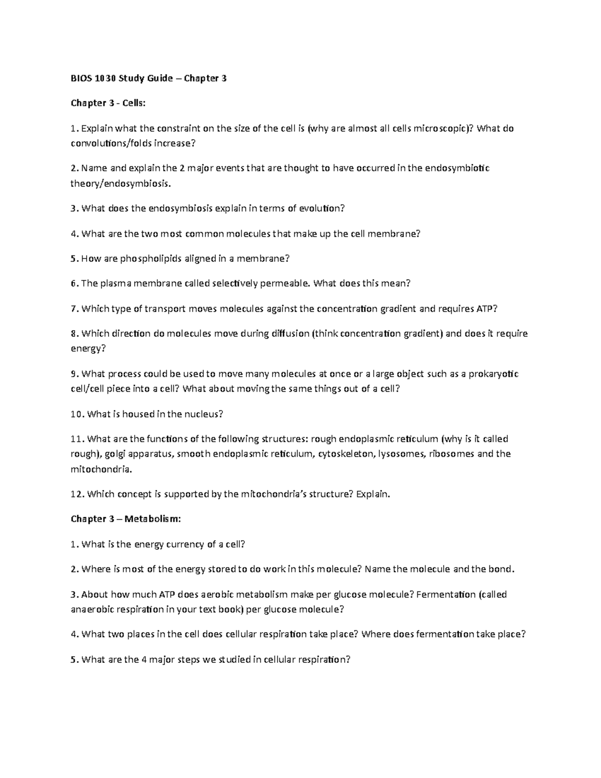 Chapter 3 study guide - BIOS 1030 Study Guide – Chapter 3 Chapter 3 ...