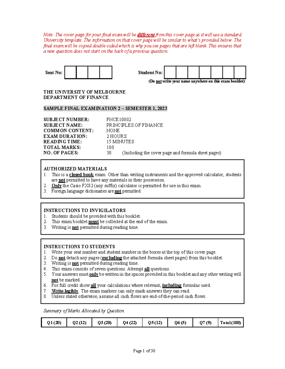 Sample Final 2 - Note: The cover page for your final exam will be ...