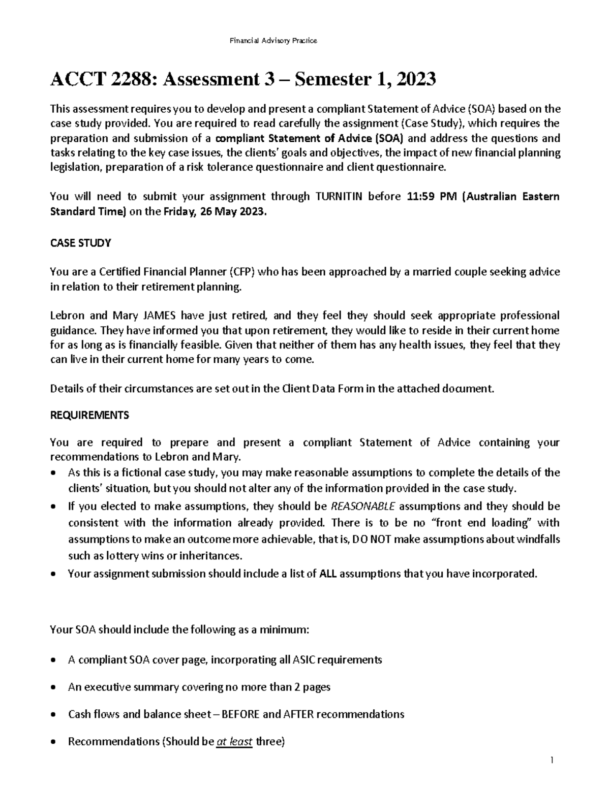 ACCT2288 S1 2023 Assessment 3 - ACCT 2288: Assessment 3 – Semester 1 ...