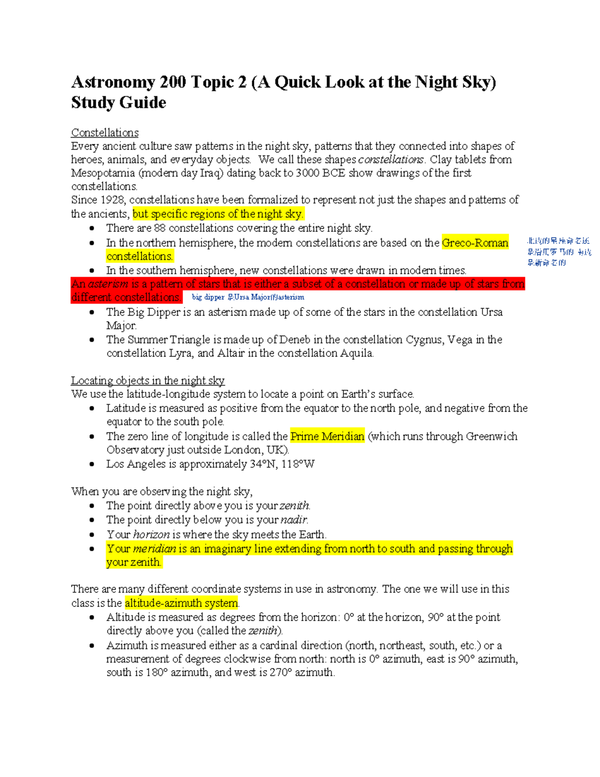 Astronomy 200 Topic 02 Study Guide - Astronomy 200 Topic 2 (A Quick Look at the Night Sky) Study ...