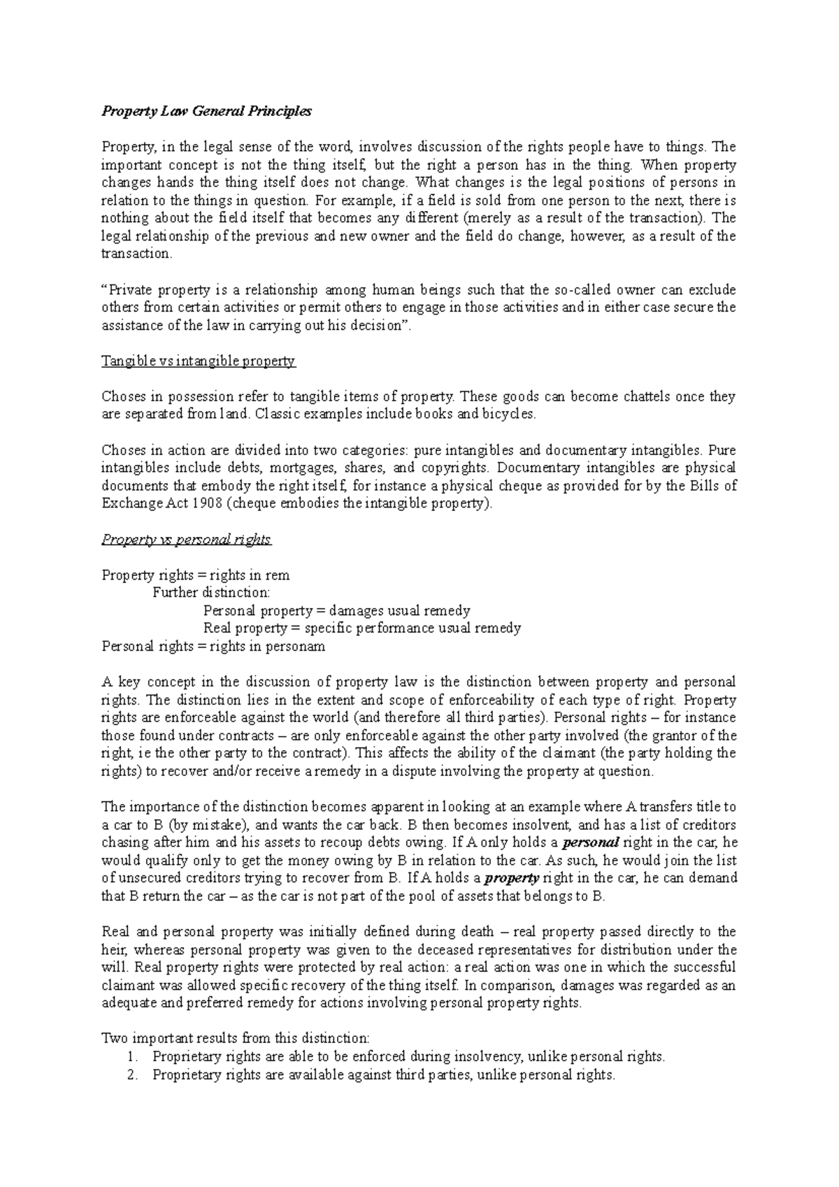 Property Law First Test General Principles - Property Law General ...