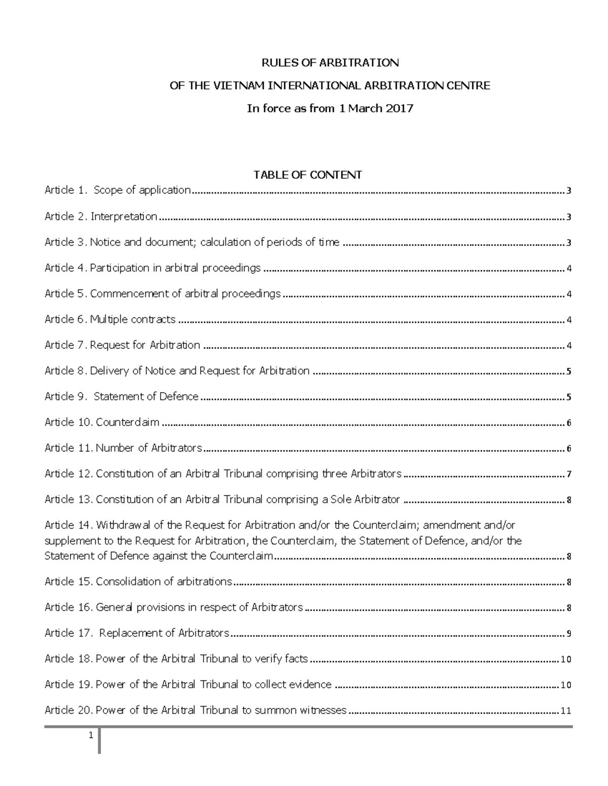 VIAC Rules OF Arbitration 2017 - RULES OF ARBITRATION Article 14 ...