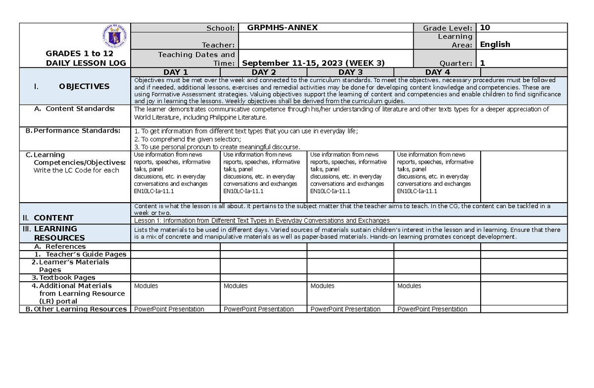Dll - SAMPLE DLL - GRADES 1 to 12 DAILY LESSON LOG School: GRPMHS-ANNEX ...