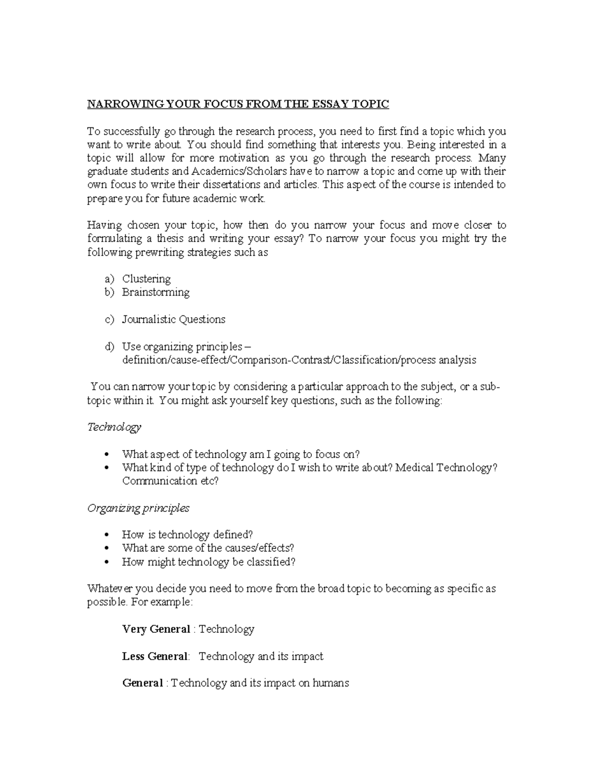 Narrowing your focus - NARROWING YOUR FOCUS FROM THE ESSAY TOPIC To ...