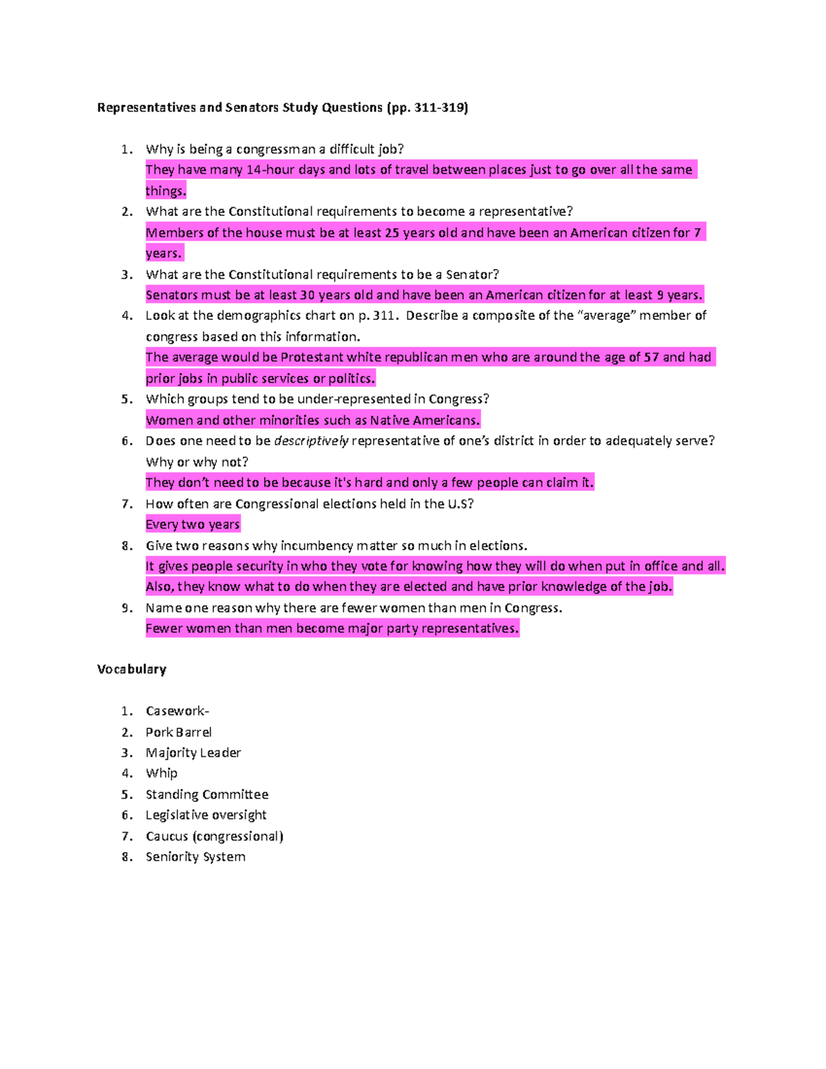 Study Questions Representatives and Senators (2022) - Representatives ...