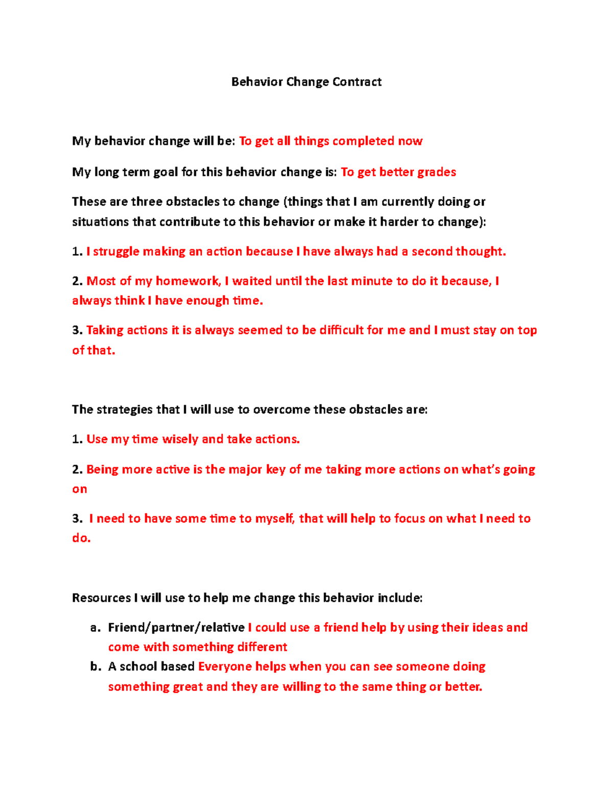 Behavior Change Contract - Most of my homework, I waited until the last ...