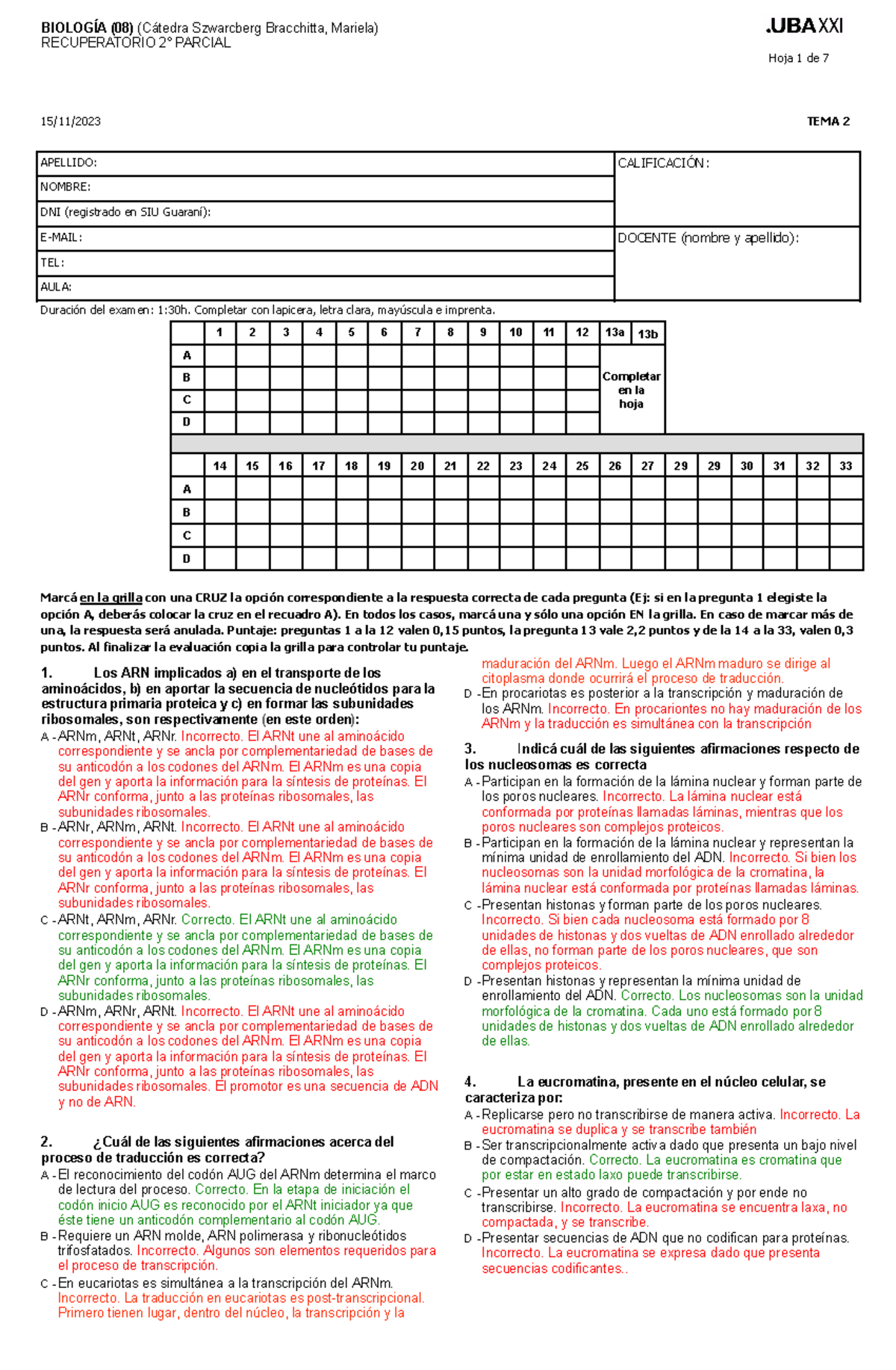 Recuperatorio segundo parcial tema 2 2C 2023 - RECUPERATORIO 2° PARCIAL Hoja 1 de 7 15/11/2023 ...